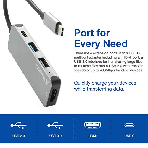 Verbatim 4-in-1 USB C Hub Adapter with Dongle - 60W Power Delivery, USB 3.0, USB 2.0 for USB C Laptops + 6FT Monster 4K Ultra HDMI Cable
