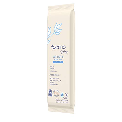 Aveeno Baby Sensitive All Over Wipes, Hypoallergenic, Paraben-& Fragrance-Free 10ct (Pack of 48, 480 Total Wipes)