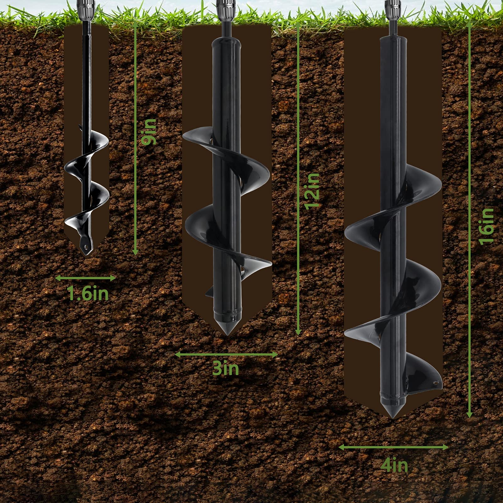 Auger Drill Bit Set for Planting Garden Auger Spiral Drill Bit for Planting Bulbs Flowers Planting Post or Umbrella Hole Digger for 3/8” Hex Drive Drill