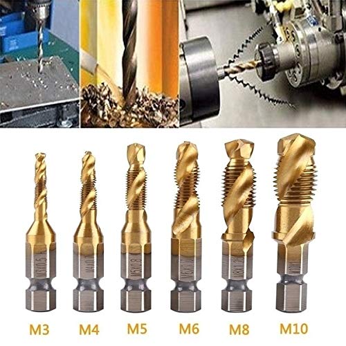 Combination Drill Tap, 6pcs 1/4" Hex Shank Metric Thread, M3-M10 Coated HSS Drill and Tap Bits Screw Taps Tool Set