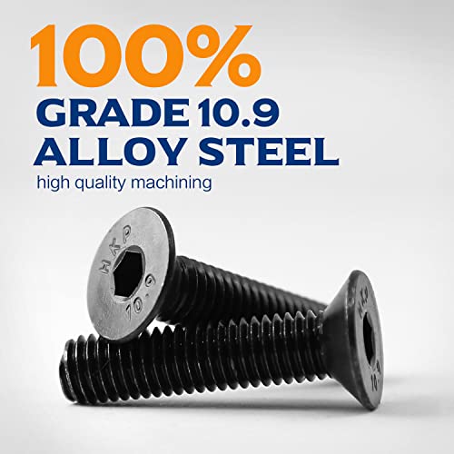 M6-1.0 x 30mm Flat Head Socket Cap Screws, 10.9 Grade Alloy Steel, Allen Socket Drive, Black Oxide Finish, Machine Thread, 50 PCS