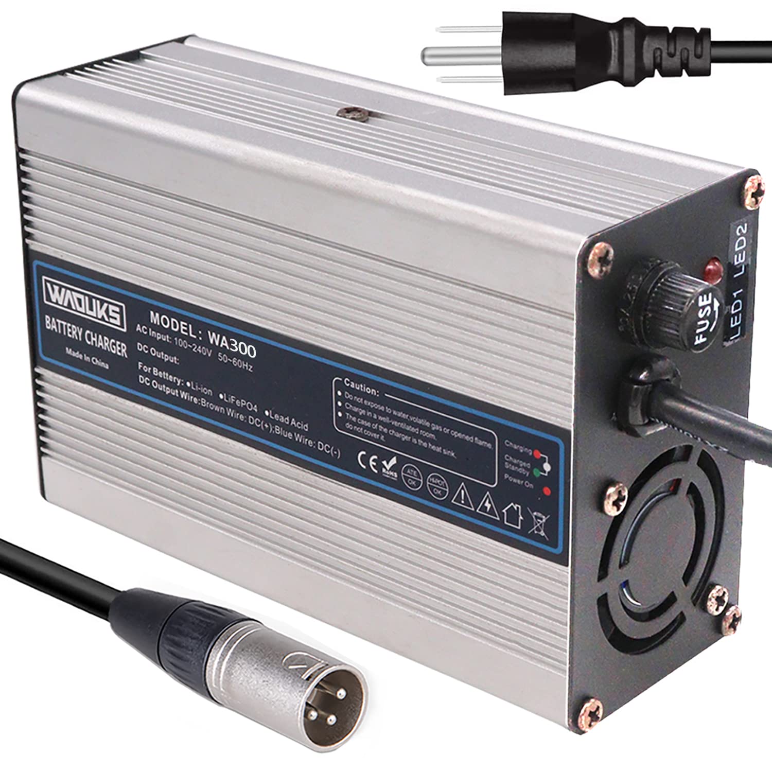 42V 5A Charger 42 Volt 5 Amp Li-ion Battery Charger with XLR 3Prong Charger Plug for 10S 36V Lithium Battery Pack with Cooling Fan