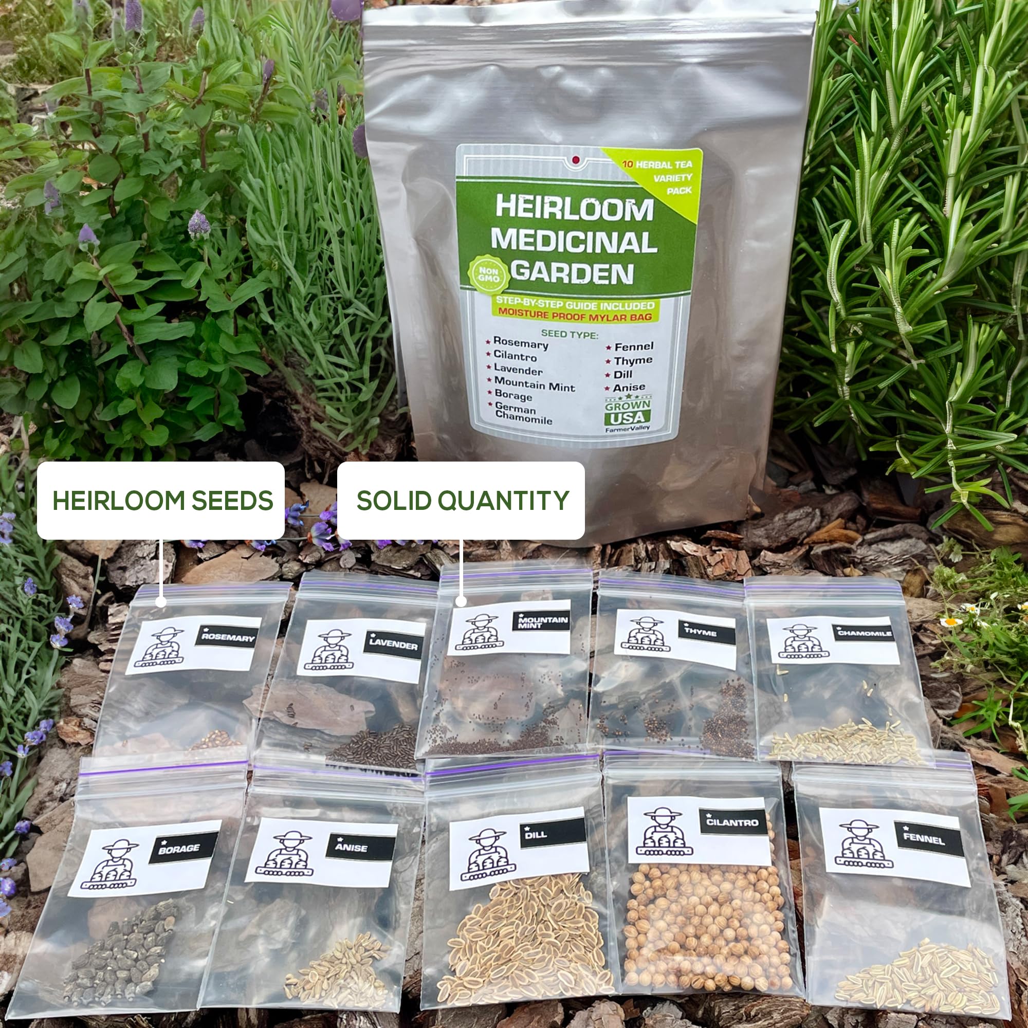 10 Medicinal Herb Seeds - Heirloom, Non GMO, USA Made - 2050 Most Needed Herbal and Medical Tea Seeds Pack for Planting Indoors and Outdoors - Lavender, Mountain Mint, Chamomile & More