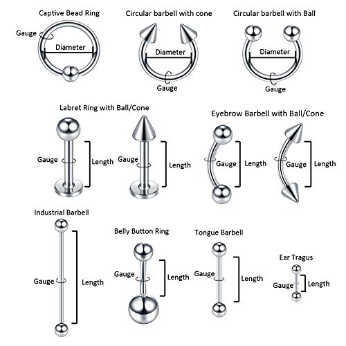 Xpircn 140PCS Piercing Kit Stainless Steel 14G 16G Nose Lip Tongue Tragus Daith Eyebrow Industrial Barbell Belly Button Rings Body Piercing Tools (Silver)
