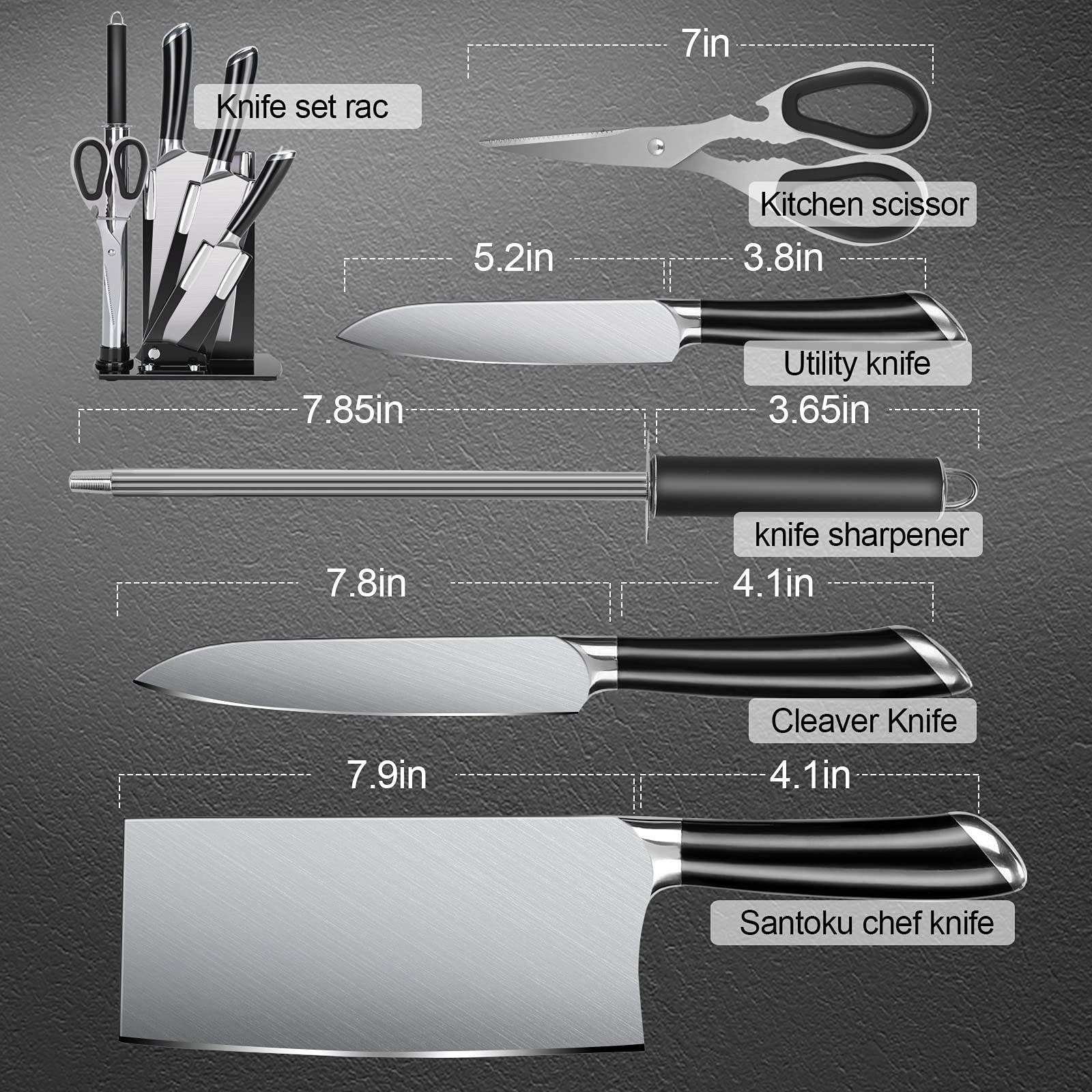 BAERFO Kitchen Knife Block Sets for Stainless Steel (6pcs Kitchen Knife Set with Stand) with Sturdy Knife,Santoku Chef Knife,Utility Knife and Knife Sharpener,Kitchen Scissor that Chef Knives Set