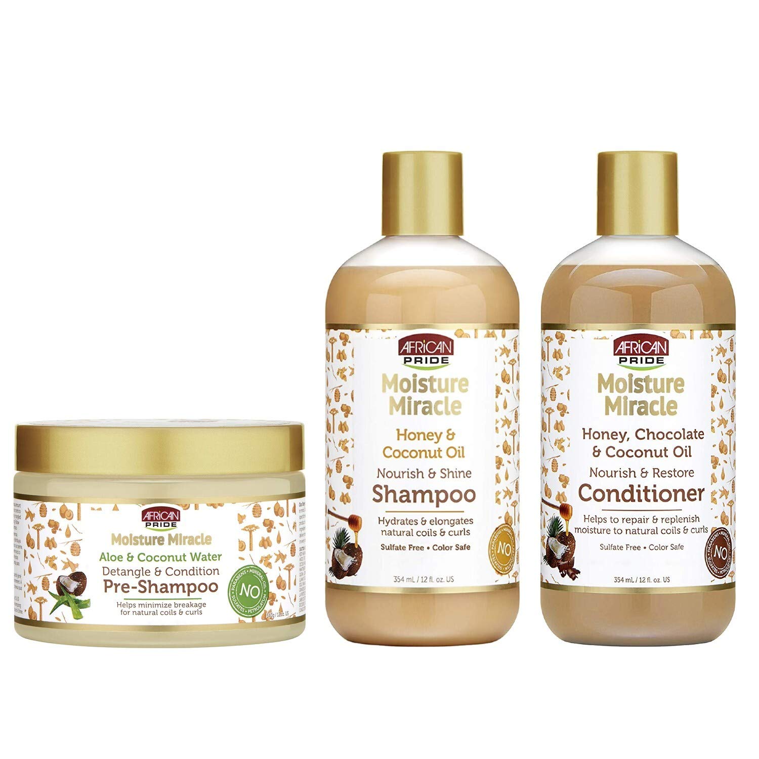 African Pride Moisture Miracle, Honey & Coconut Oil Shampoo, Honey, Chocolate & Coconut Oil Conditioner, Aloe & Coconut Water Pre-Shampoo, For Natural Coils & Curls, 12 Oz