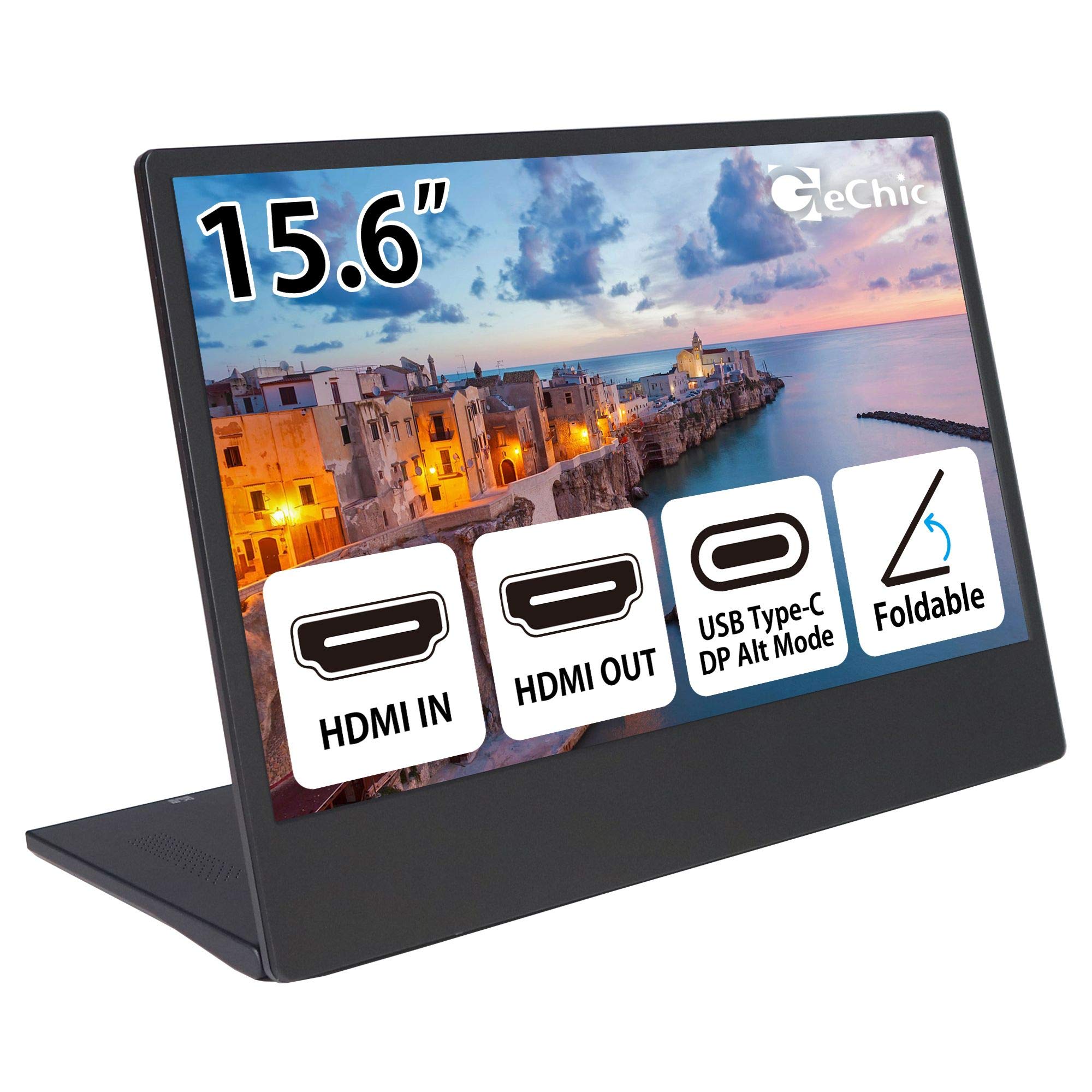 GeChic M505E 15.6 inch FHD 1080p Portable Monitor with USB Type-C Input, HDMI Input/Output, DC-in Port, Daisy Chain Display for Conference, Factory, Industry, Gaming, Plug&Play, Foldable Screen