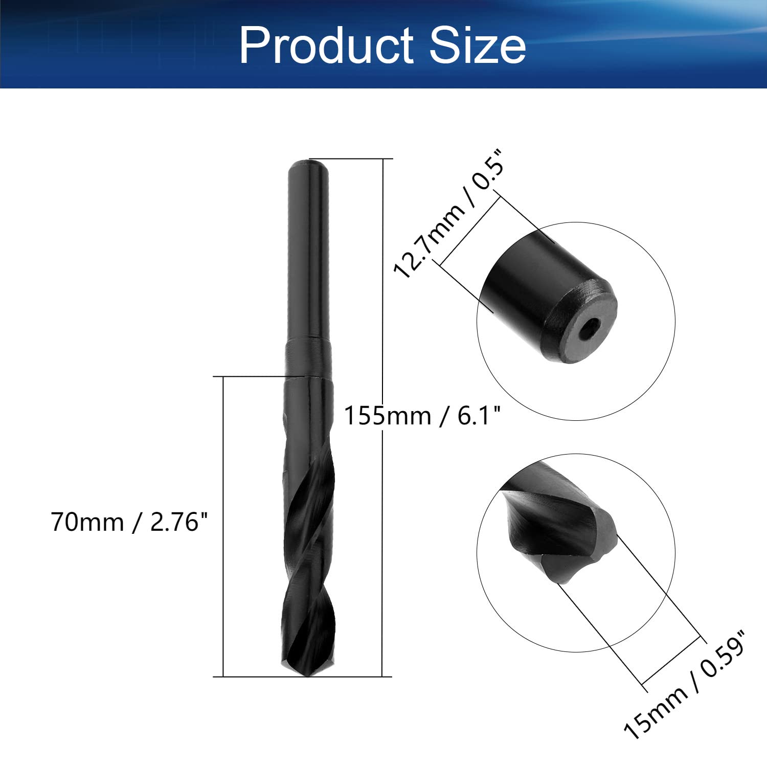 Auniwaig Reduced Shank Drill Bit, 0.59" HSS Drill Bit, 155mm Length High Speed Steel with Straight Shank, for Iron Cooper Aluminum Plate Metal