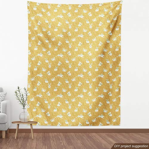 Ambesonne Bunny Fabric by The Yard, Countryside Field Nature Inspired Pattern Animals with Floral Ornaments, Decorative Fabric for Upholstery and Home Accents, 1 Yard, Mustard Seafoam White