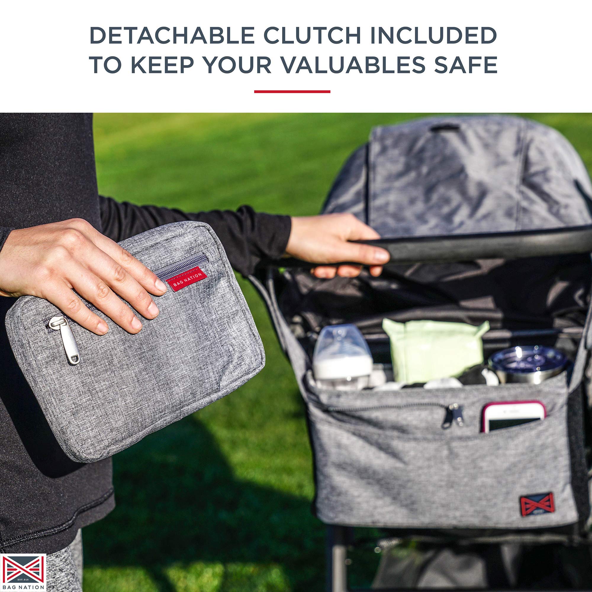 Bag Nation Universal Stroller Organizer Caddy Featuring Cup Holders, Large Main Pocket Compatible with Uppababy, Baby Jogger, Britax, Bugaboo, BOB, Umbrella and Pet Stroller - Grey