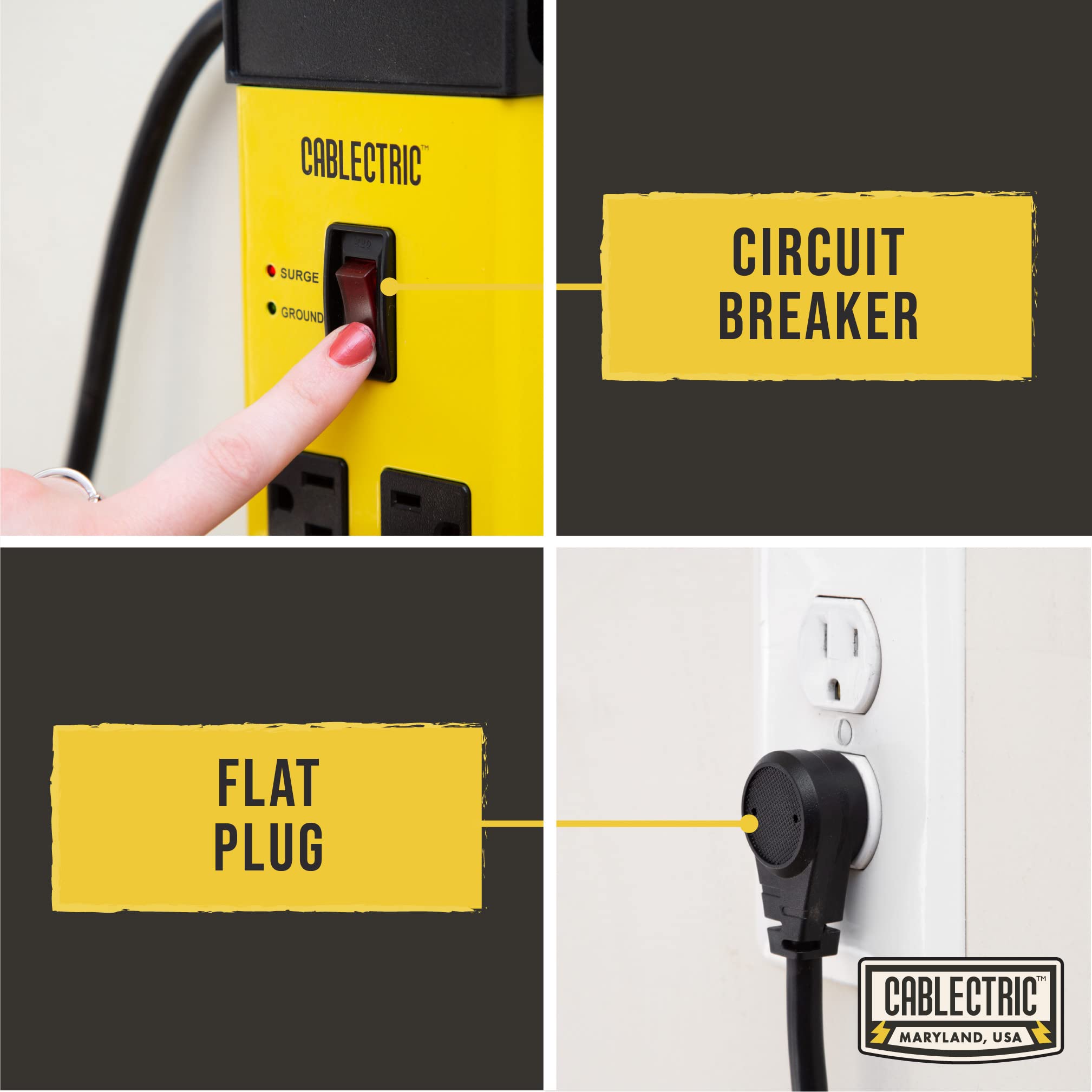 10 Outlet Heavy Duty Surge Protector Power Strip - Industrial Black and Yellow Metal Surge Protector with 15 Foot Extension Cord | Cablectric is an American Owned Brand