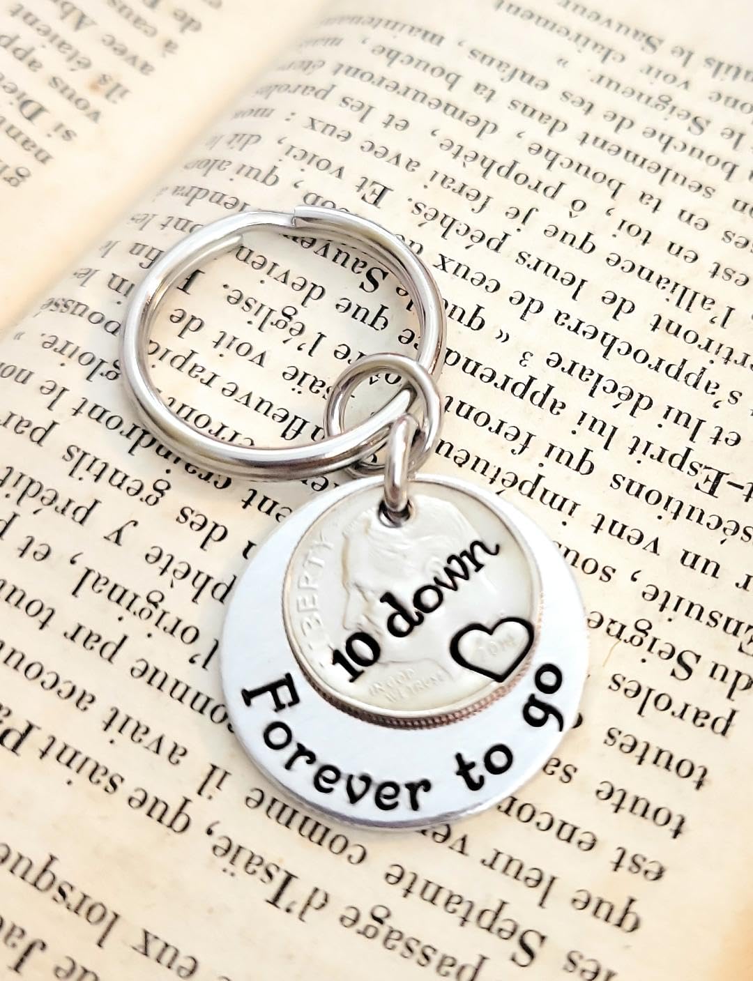 10 Down and Forever To Go 10th Year Anniversary Gift Key Chain with a 2014 Dime and Silver Aluminum Charm