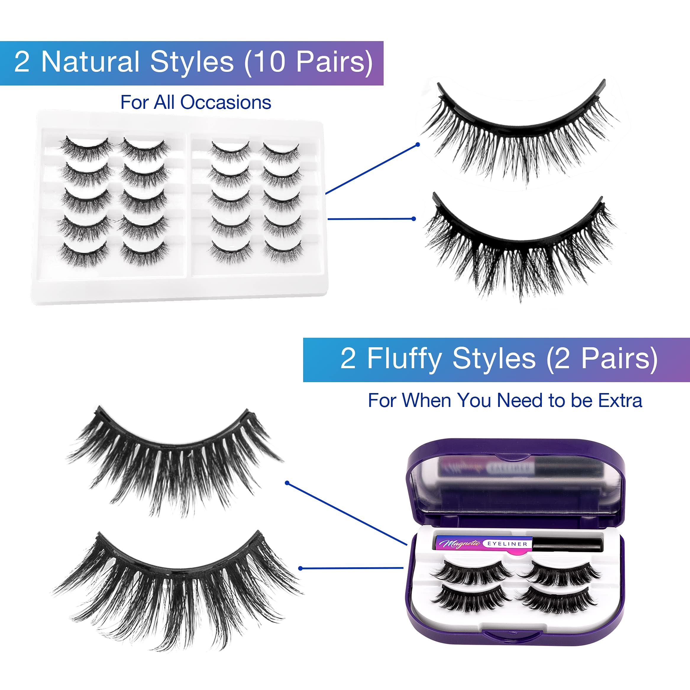 Asani Magnetic Eyeliner and Eyelashes Kit, 10-Pair Reusable Natural Magnetic Lashes, 2 Pair Fluffy magnetic Eyelashes, 2 Tubes of Magnetic Eyeliner with Scissors Tweezers & Mirror Case