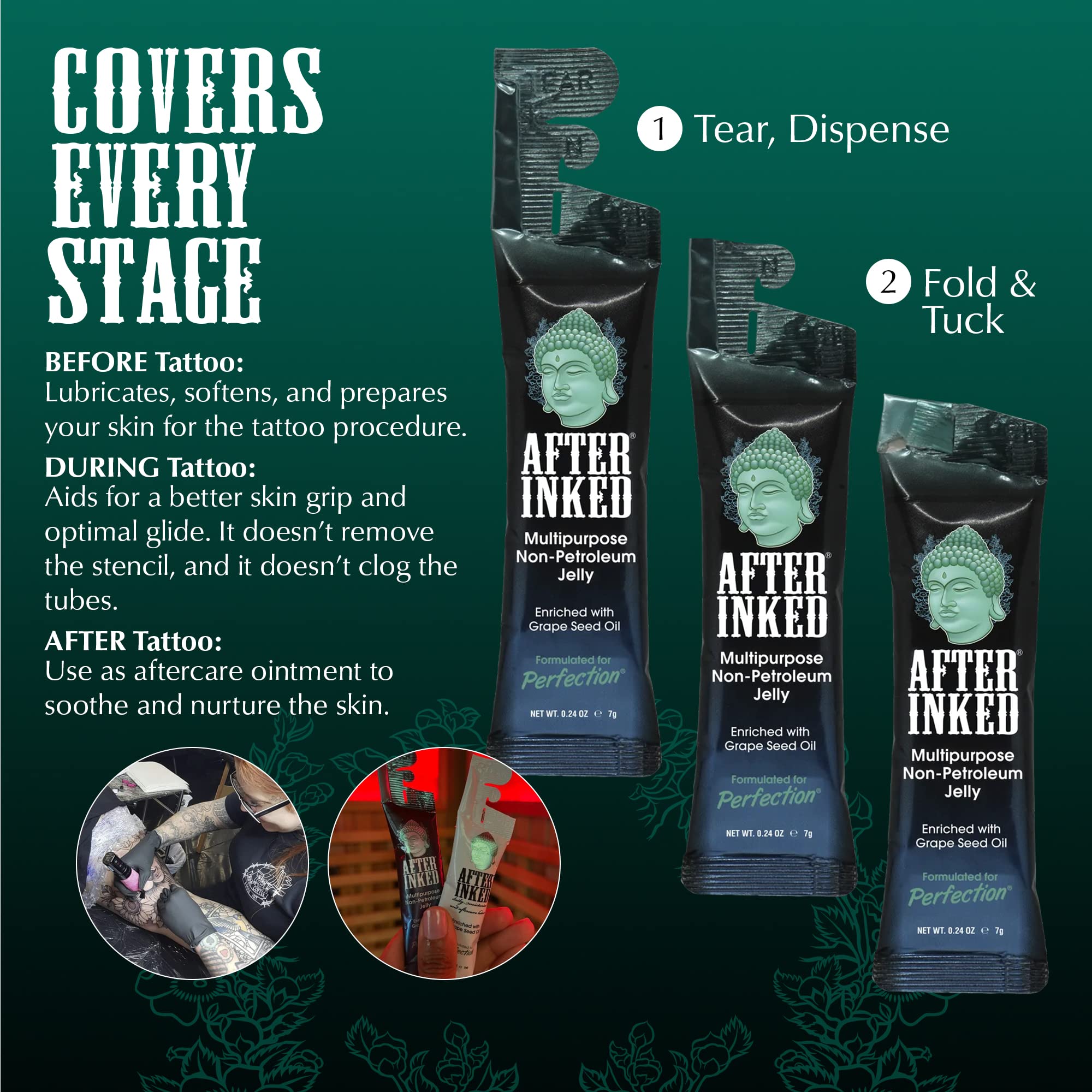 After Inked Tattoo Aftercare Non-Petroleum Jelly - With Grape Seed Oil, Essential for Tattoo Kit, PMU & Piercing Aftercare - Multipurpose Ointment - 7g Reclosable Packet (50-Pack)