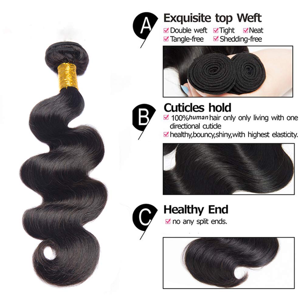Body Wave 3 Bundles with Closure 100% Unprocessed Brazilian Body Wave Human Hair Weave with 4x4 Free Part Lace Closure Natural Color (14 16 18+12,Bundles with Closure)