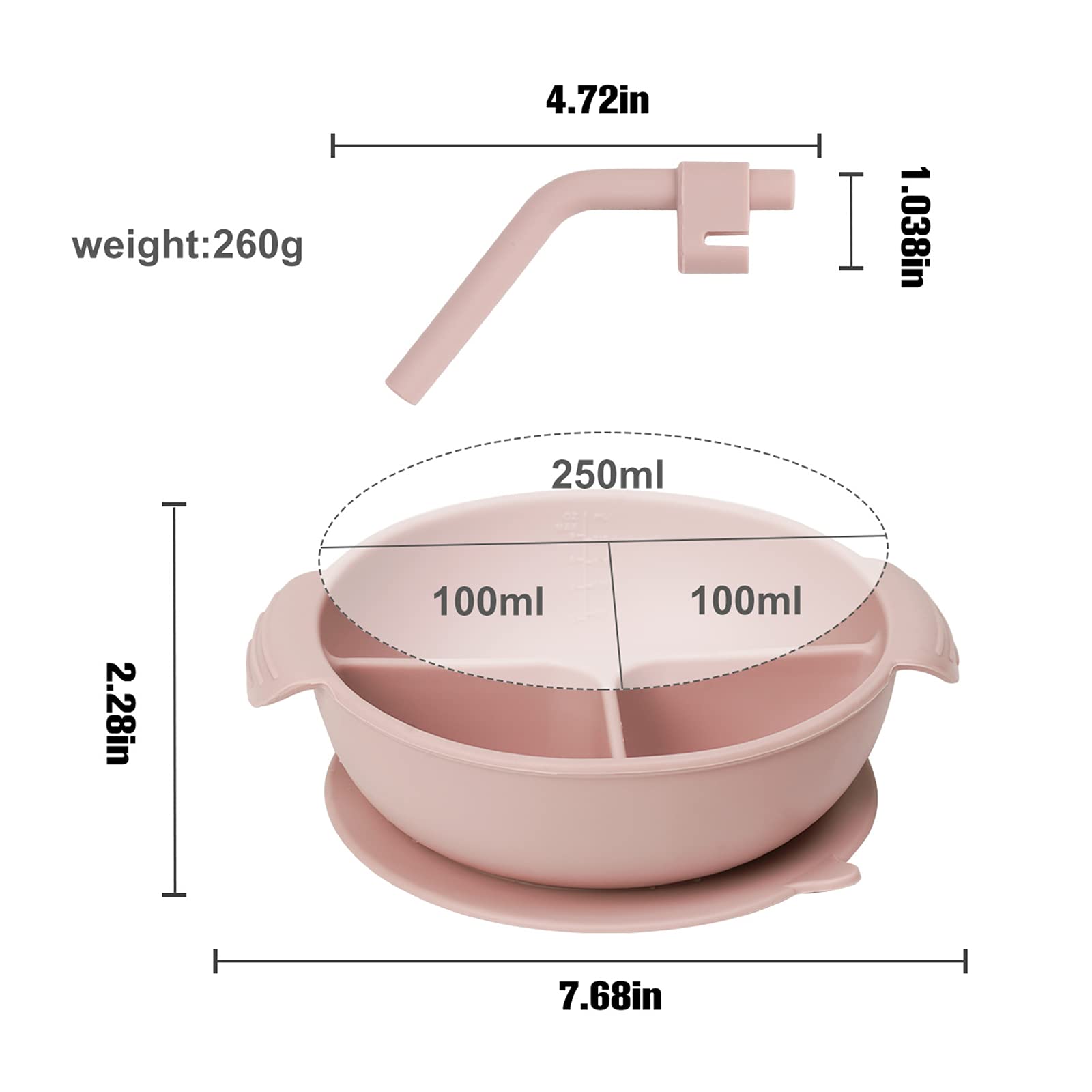 haakaa Silicone Divided Suction Bowl With Straw, Self Feeding Training Divided Bowl For Baby Toddler, Portable Non Slip Child Feeding Stay Put Bowl,Blush
