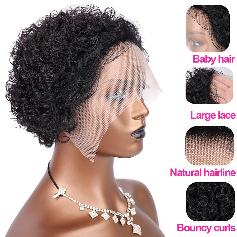 BAIHONG 6 inch Lace Front Pixie Cut Wig With Short Curly Human Hair - 13X1 HD Lace, Plucked and Bleached Knots - For Black Women