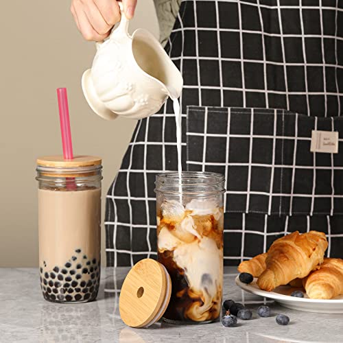 4 Pack Glass Cups Set - 24oz Mason Jar with Bamboo Lids and Glass Straw & 2 Airtight Lids - Cute Boba Drinking Glasses, Reusable Travel Tumbler Bottle for Iced Coffee, Smoothie, Bubble Tea, gift