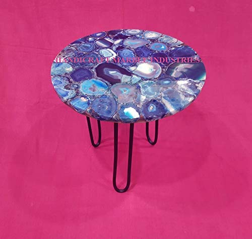 15" Inch Round Natural Blue Agate Coffee Table with with Metal Base, Agate Table, Stone Coffee Table, Agate Table Top, Agate Round Coffee Table
