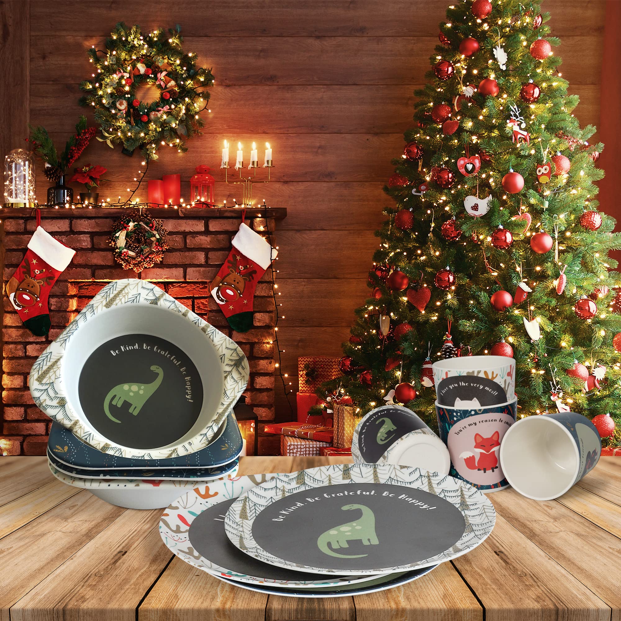 BeeBon Beauty Home Bamboo Plates for Kids - Set of 4 Pack Super Cute Dog, Dinosaur, Fox & Cat