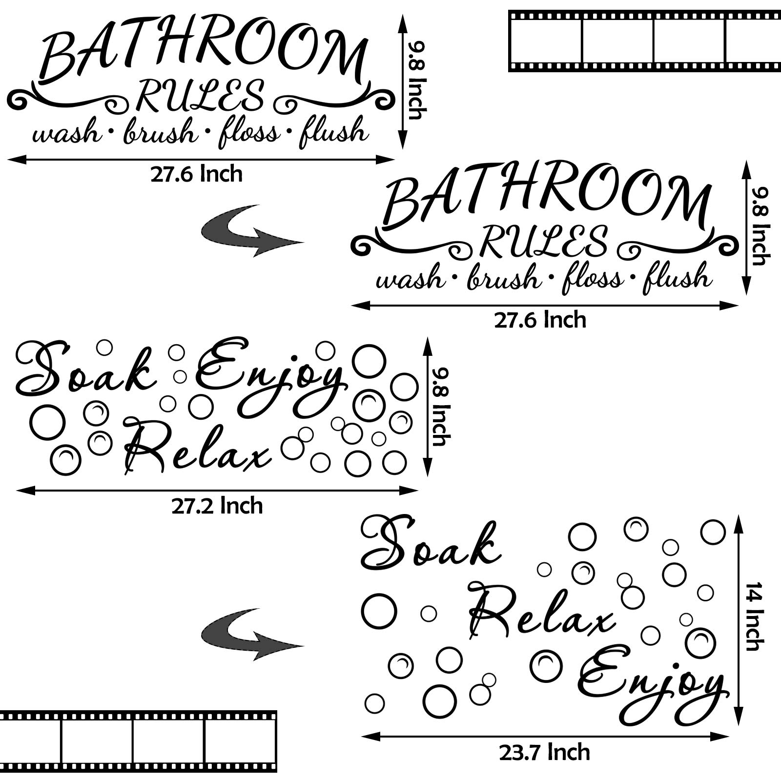 2 Pieces Bathroom Wall Decals Sticker Soak Relax Enjoy Bathroom Rules Wall Sticker Vinyl Quote Wall Art Decor for Home Bathroom (Black,Simple Style)