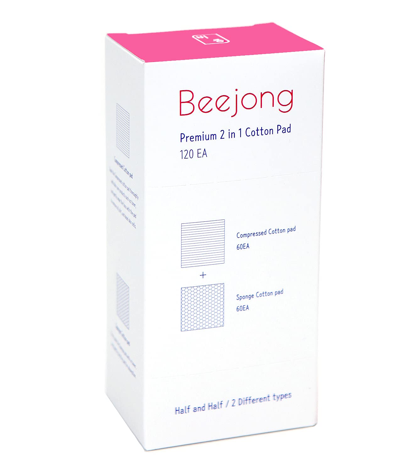 Beejong [120EA] Premium 2 in 1 Facial Cleansing Square Cotton Pads - Two Types of Face Wipes Cotton Pads for Toner, Makeup Remover | Compressed 60EA & Sponge 60EA | Made in Korea (1 Pack)
