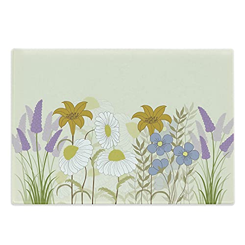 Ambesonne Floral Cutting Board, Composition of Blossoming Spring Wildflowers Chamomiles and Lavenders, Decorative Tempered Glass Cutting and Serving Board, Large Size, Eggshell and Multicolor