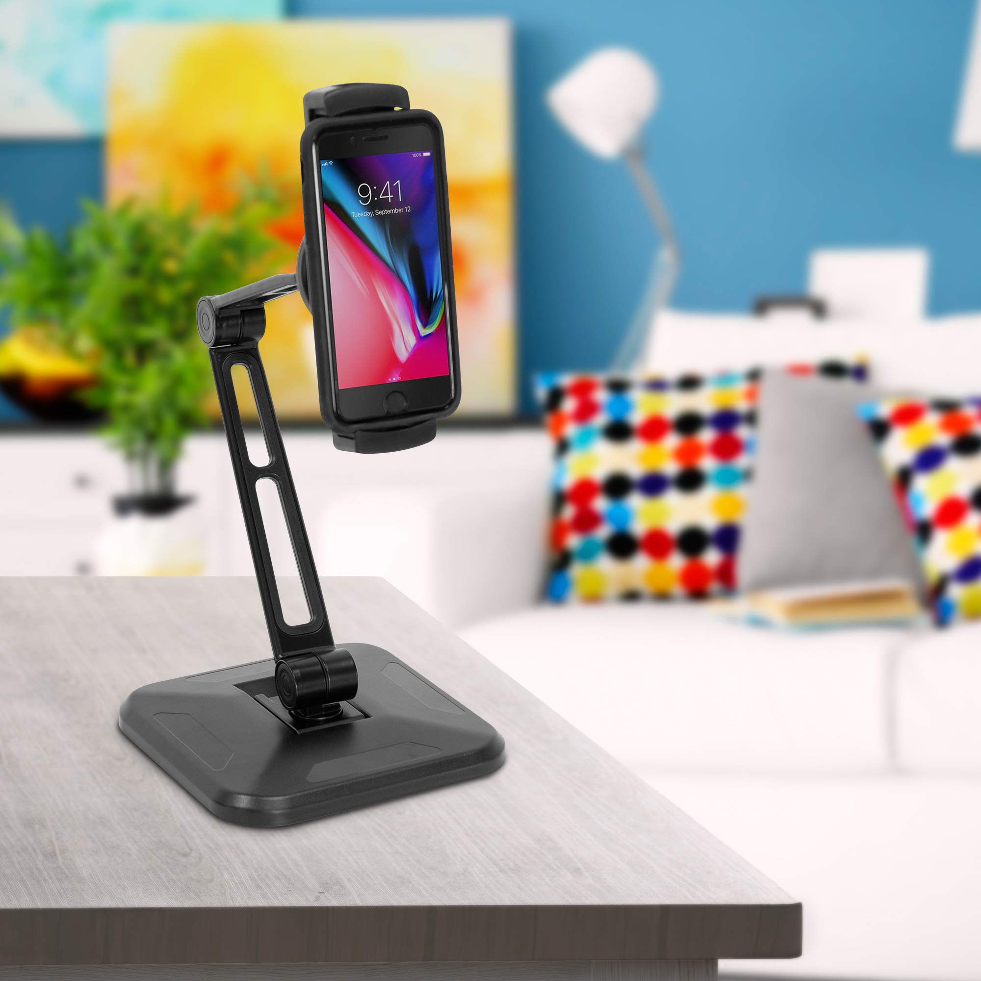 Mount-It! Adjustable iPad Wall and Counter Mount [Fits Screens 4.7" to 12.9"] 360 Degree Full Motion Rotation and Swivel Desktop Tablet and Phone Stand, Large Base, Holder Cabinet (Black)