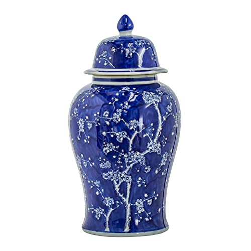 18" Porcelain Jar with Lid - Blue & White Cherry Blossom Print - Perfect for Any Room in Your Home