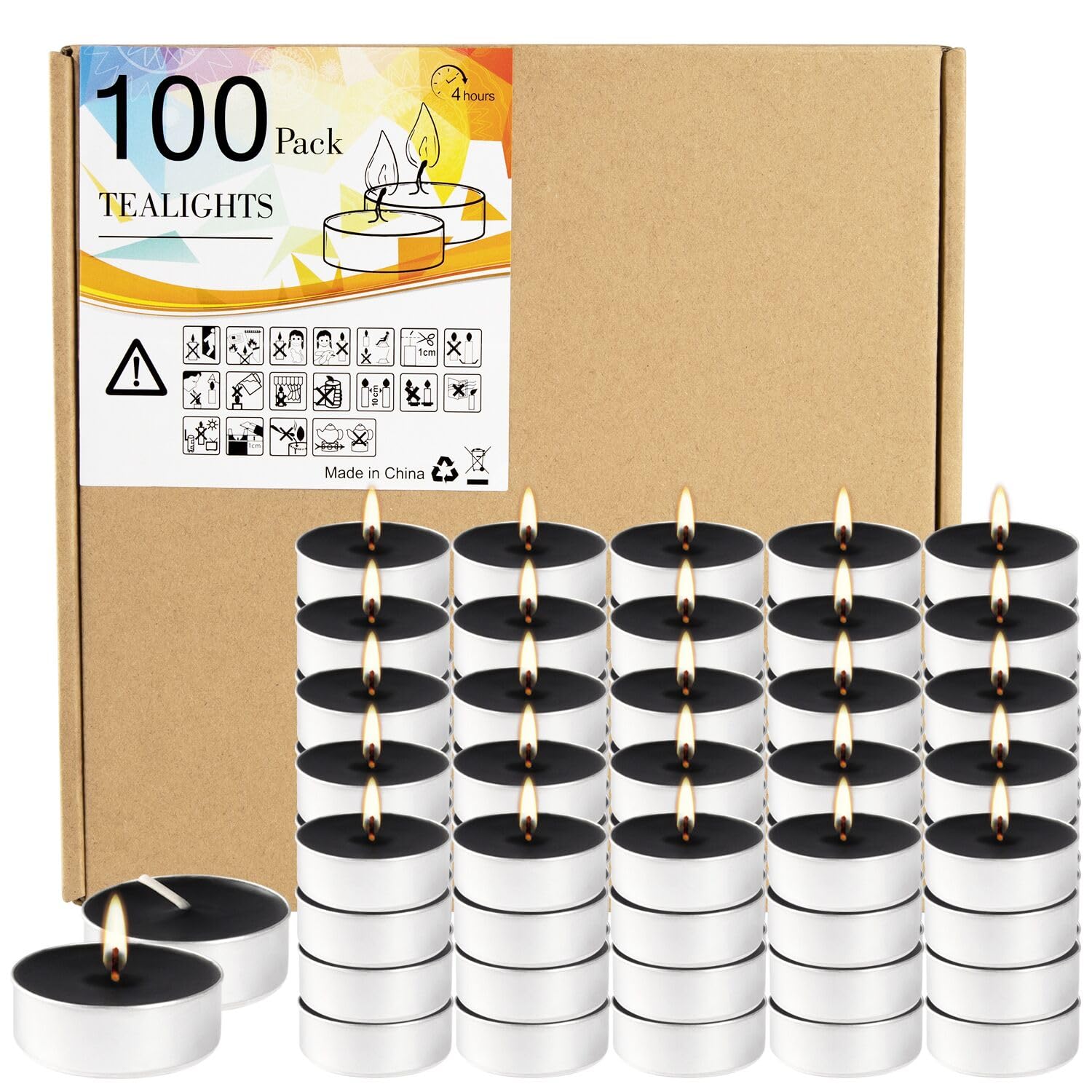 100 psc Tealight Candles,Dripless Unscented Black Votive Candle,for Home,Pool,Shabbat,Christmas,Emergency,4 Hour