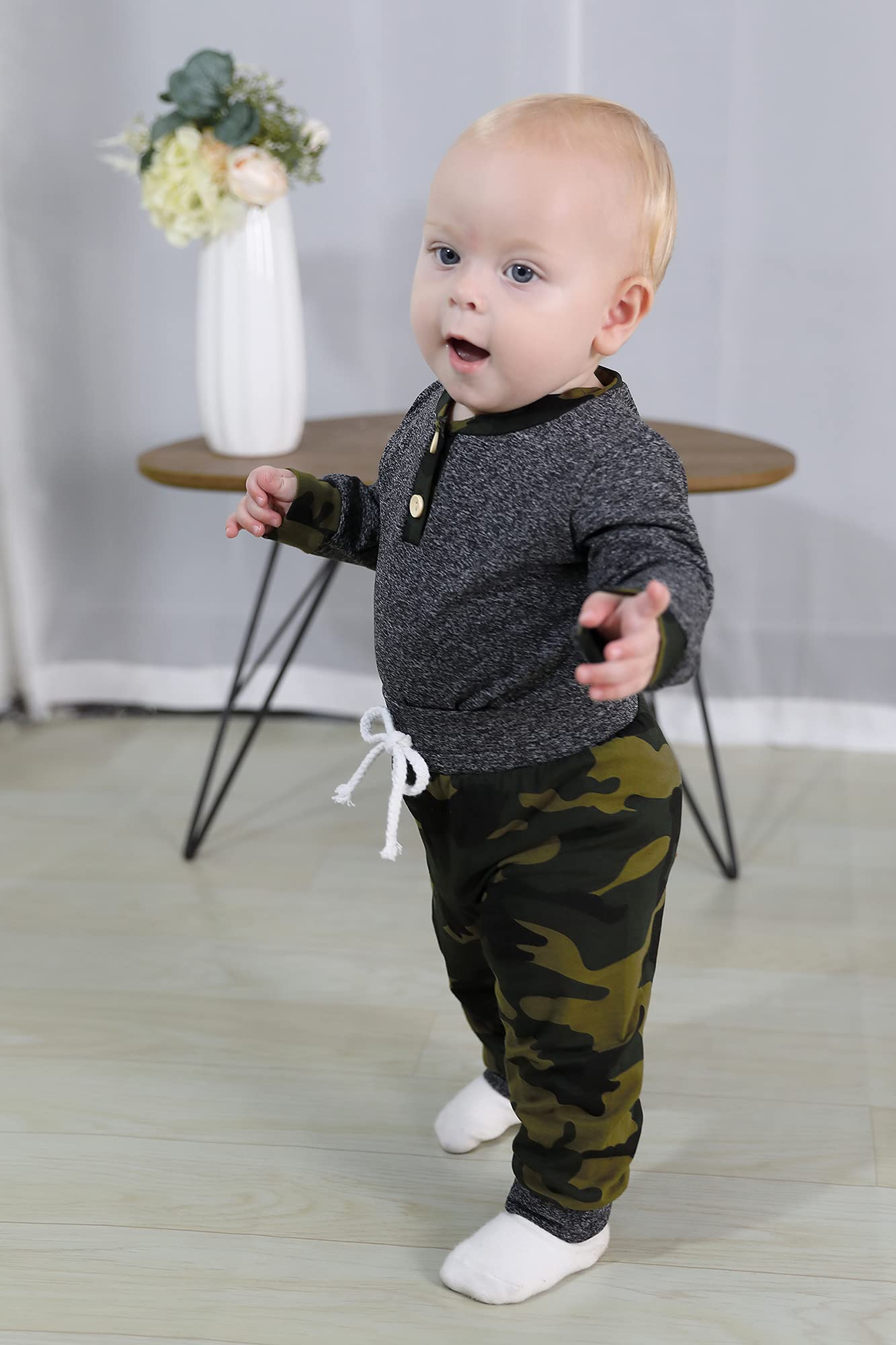 Newborn Baby Boy Fall Clothes Infant Plaid Long Sleeve Button Romper and Pants Set Winter Outfits 0-18 Months (Baby Camouflage Outfits, 3-6 Months)