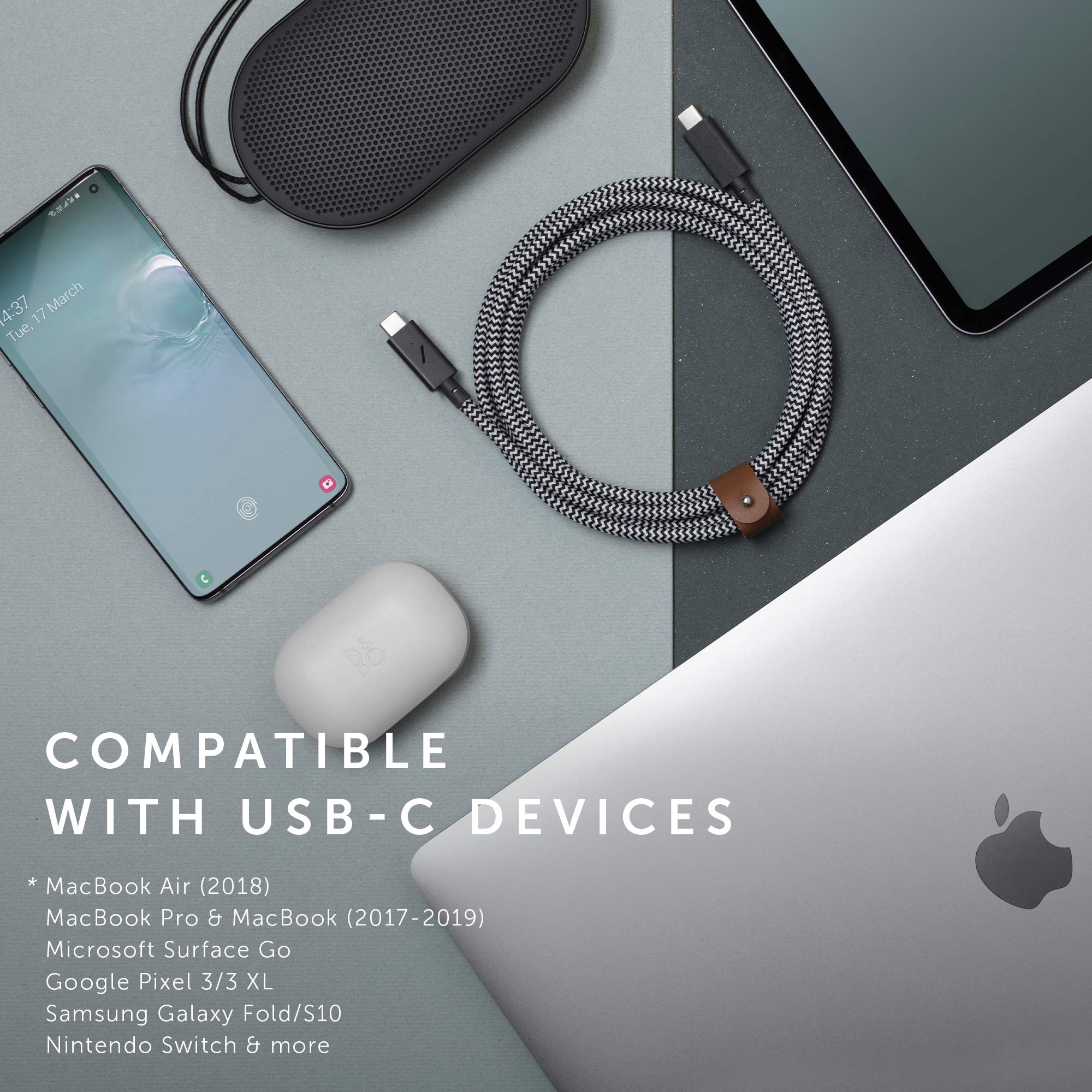 Native Union Type-C Belt Cable Pro - USB-C to USB-C 8ft Ultra-Strong Charging Cable with Leather Strap Compatible with MacBook Pro 2017-2020, MacBook Pro 13" M1/ M2, Air 13" M1, Surface Go 3 (Zebra)