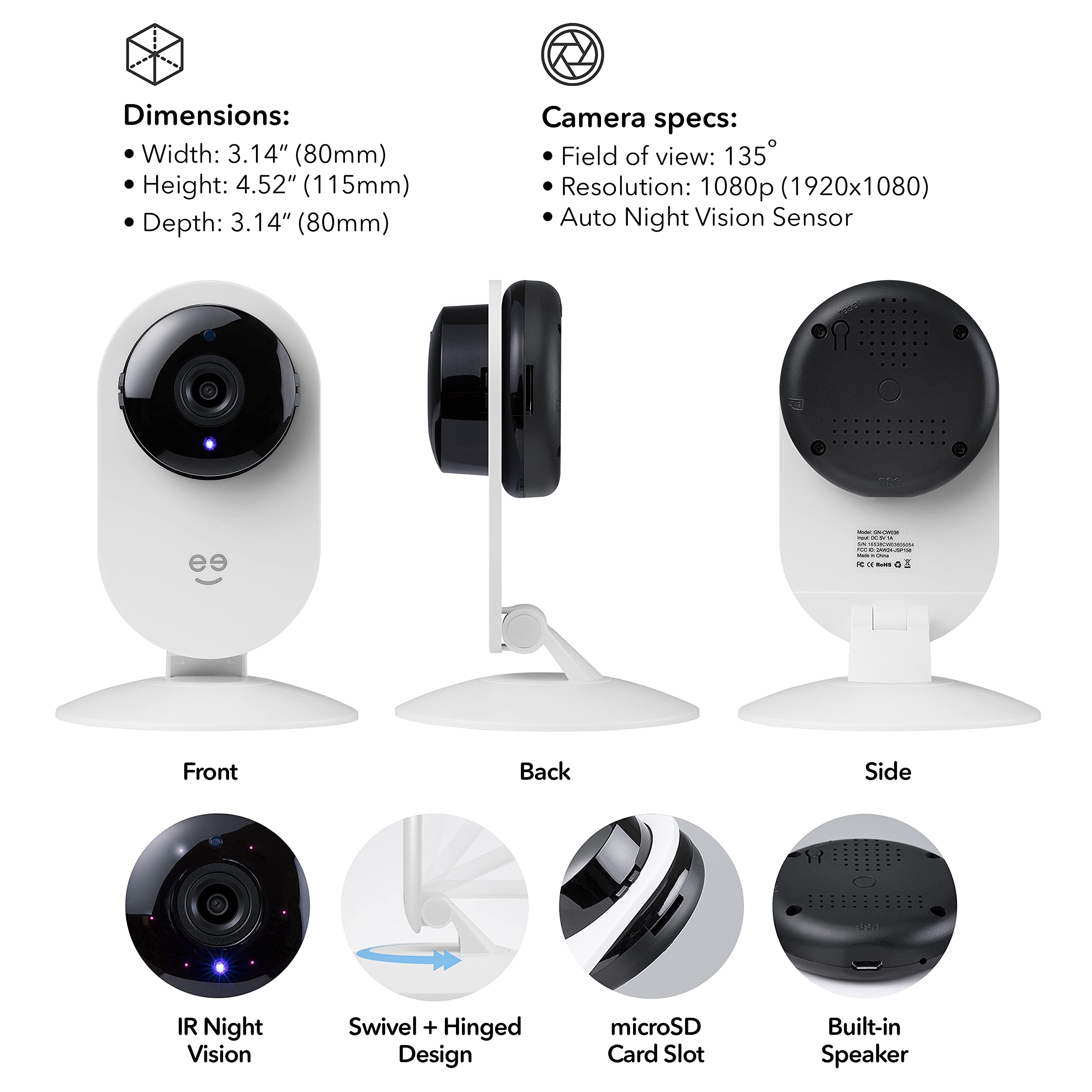 Geeni Glimpse 1080p Smart Indoor Camera, Motion Detection, Night Vision, Two-Way Audio, Cloud/MicroSD Storage, 110° Lens, Alexa/Google Compatible