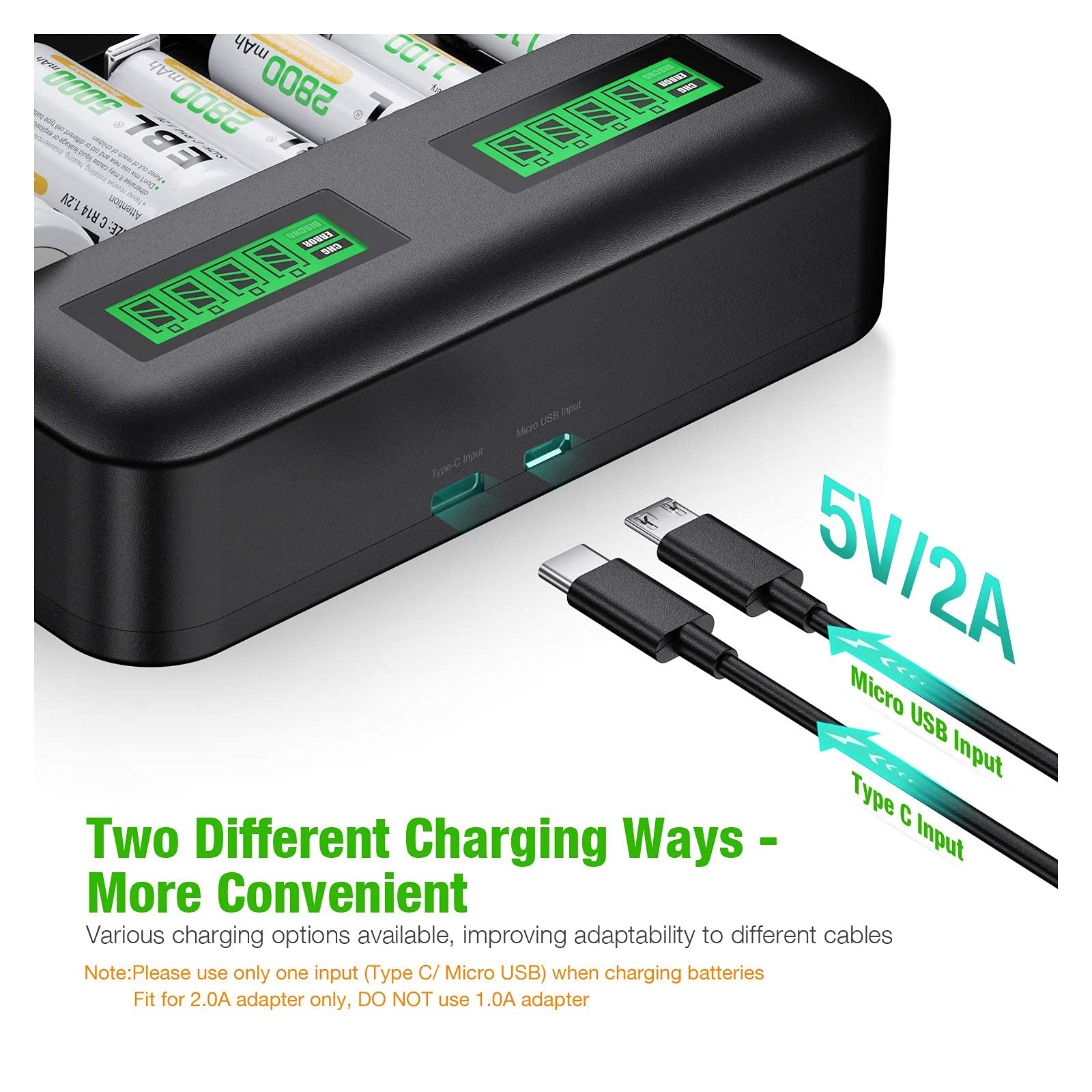 EBL LCD Universal Battery Charger - 8 Bay AA AAA C D Battery Charger for Rechargeable Batteries Ni-MH AA AAA C D Batteries with C Rechargeable Batteries 6 Pack
