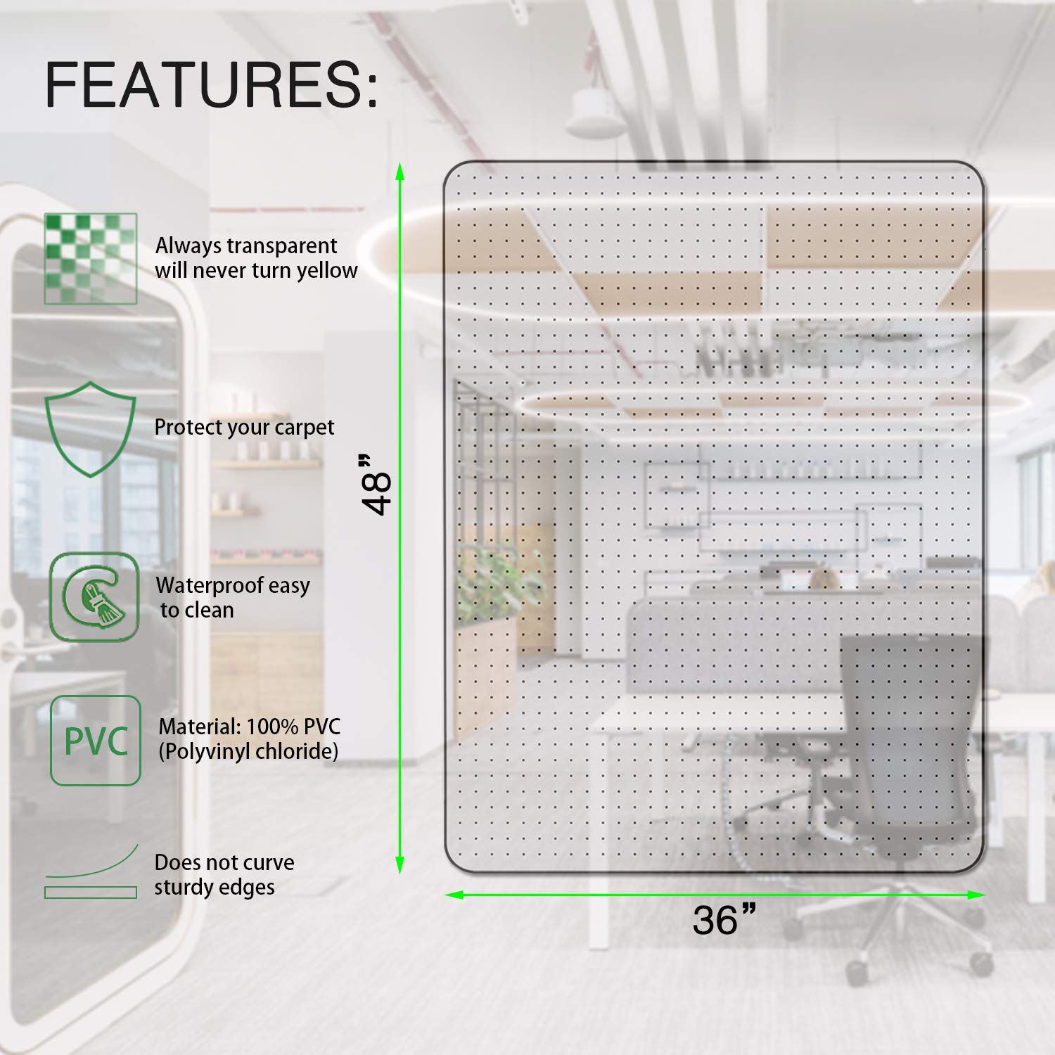 100pointONE Office Chair Mat for Carpets - Transparent Thick Floor Mats for Low, Flat and No Pile Carpeted Floors, with Grippers (48'' X 36'' Rectangle)