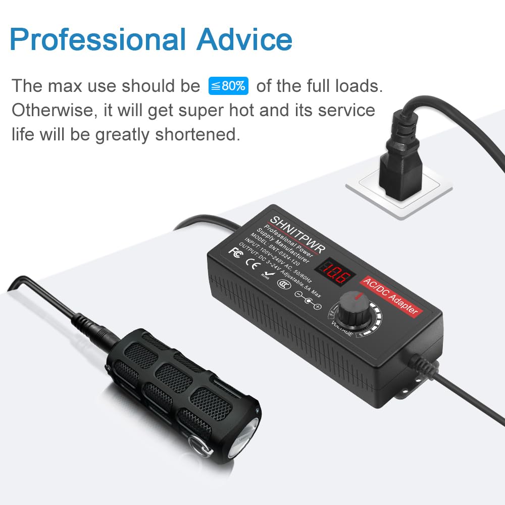 SHNITPWR AC Adapter 120W Universal Power Adapter 4V 5V 6V 9V 12V 15V 18V 19V 20V 24V Adjustable Switching Power Supply 100V~240V AC to DC 4V ~ 24V 5A Converter with 14 Tips & Polarity Converter