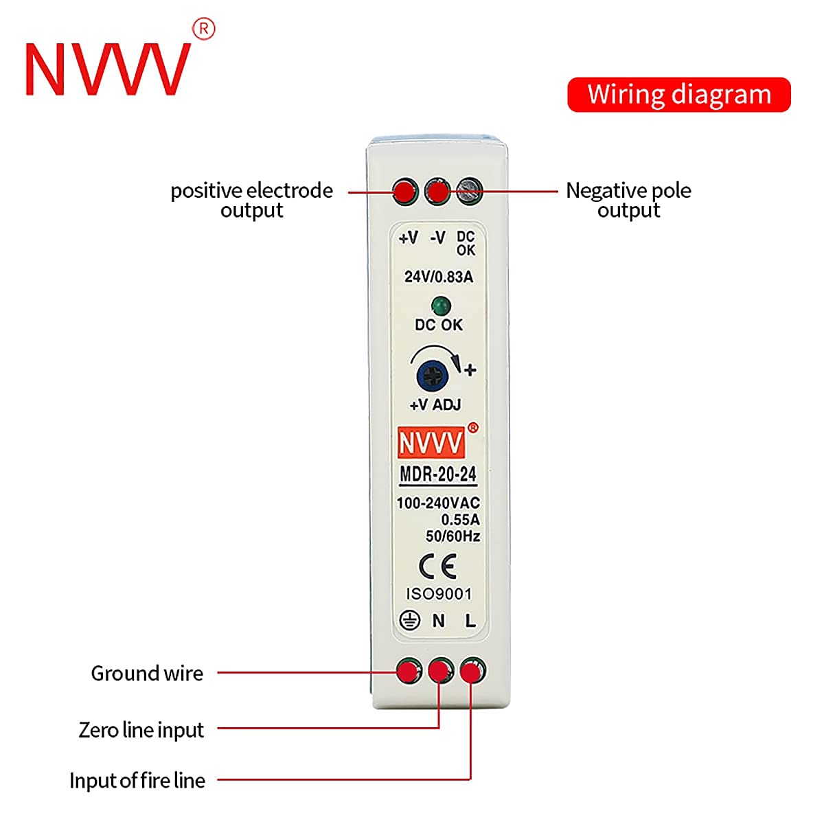 NVVV MDR-20-24 AC to DC DIN-Rail Power Supply, 24V, 1 Amp, 24W, 1.5"