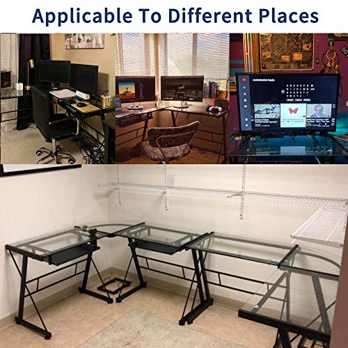 Reversible L-shaped Computer Corner Desk, Modern Toughened Glass L Shaped Round Corner Desk with Keyboard Tray & CPU Stand, PC Laptop Writing Gamer Workstation for Home Office Small Spaces (Clear)