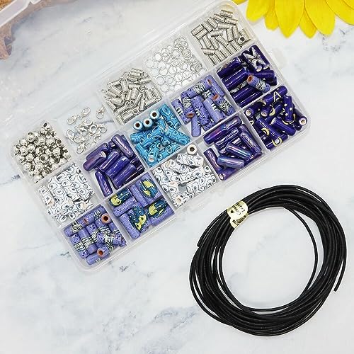 100 PCs of Blue Porcelain Beads for Jewelry Making DIY Kit with 5 Meters Leather