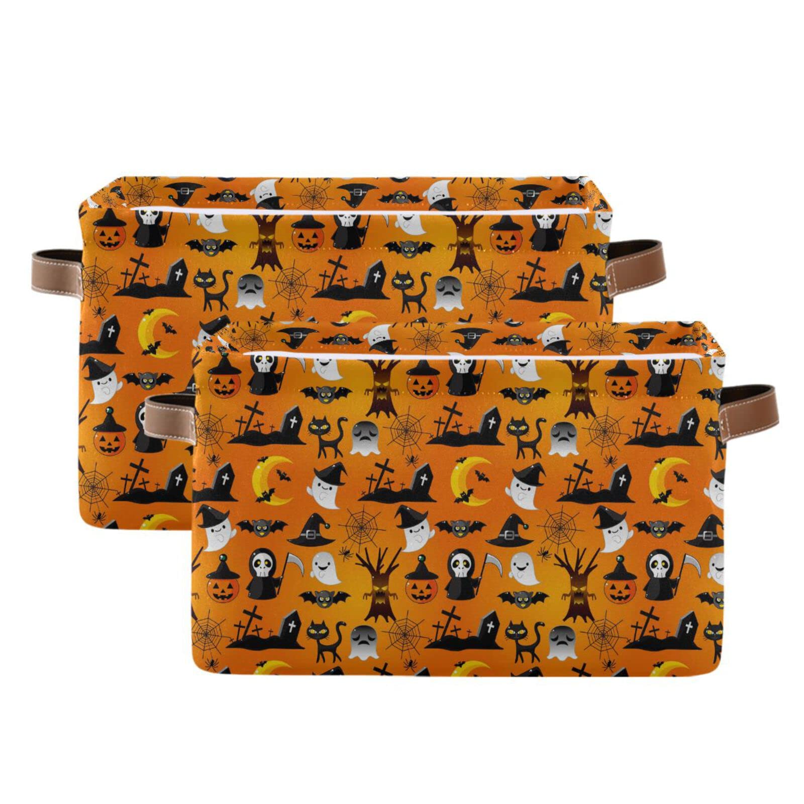 ALAZA Cartoon Halloween Skull Cat Yellow Foldable Storage Box Storage Basket Organizer Bins with Handles for Shelf Closet Living Room Bedroom Home Office 1 Pack