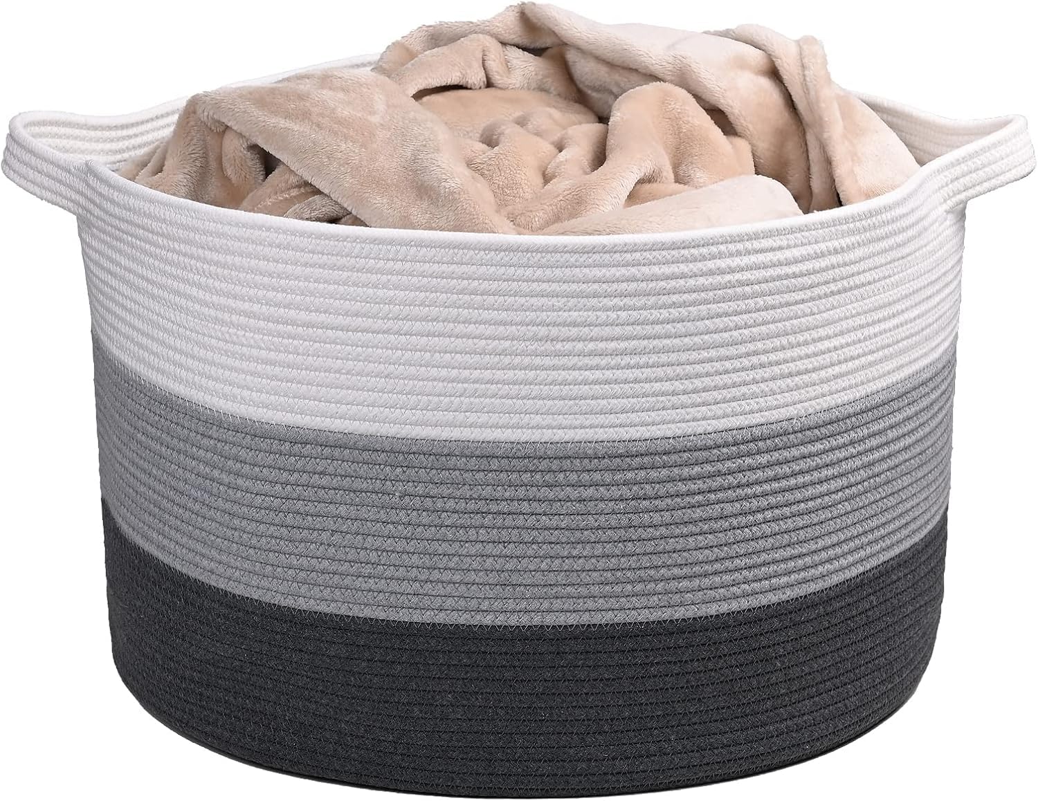 Handmade Large Cotton Rope Storage Basket, Laundry Hamper for Nursery, Woven Rope Laundry Hamper, 87L Laundry Basket for Blankets, Cotton Rope Basket with Handles, Clothes Organizer Grey & White