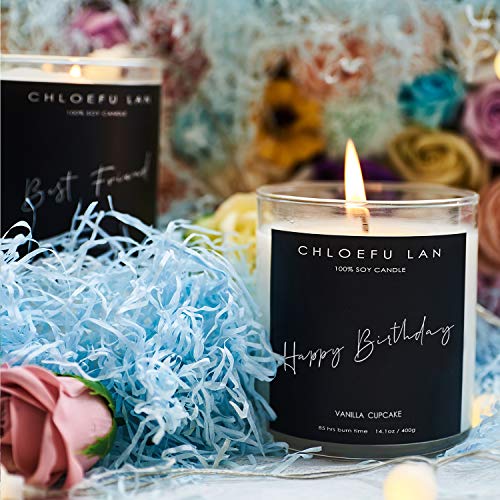 Chloefu LAN Happy Birthday Vanilla Cupcake Sugar Sweet Scented Soy Wax Candle for Home | 14.1 oz Clear Glass Jar, 100 Hour Burn Time Highly Scented & Long Lasting Burning All-Natural Organic Candle