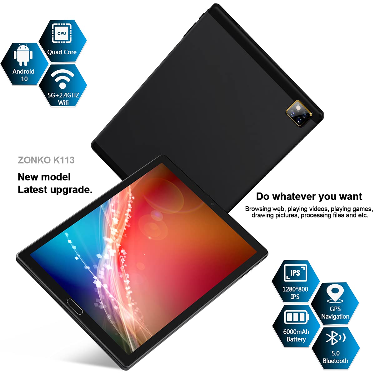 Tablet 10 inch, Android 11.0 GMS Tablets with 4GB RAM 64GB Storage, 128GB Expandable, Quad Core, 10" 1280x800 IPS HD Screen, 6000mAh Battery, 13 MP Camera Support 5.0 Bluetooth, GPS, Dual Wifi 5G＆2.4G