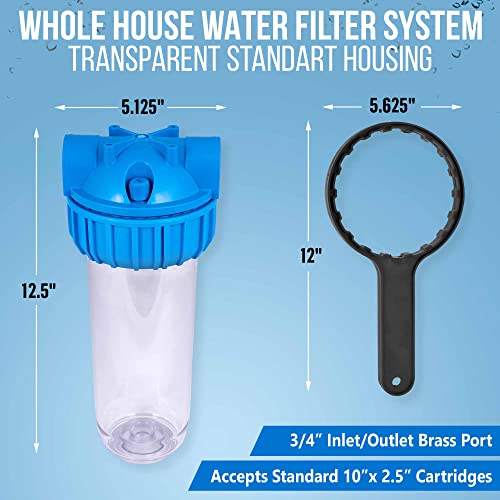 10 Inches Transparent Standard Whole House Water Filter System with Presser Relief Valve, 3/4β Inlet/Outlet Brass Port and Yearly Supply (3) Block Activated Carbon Cartridges 5 Micron