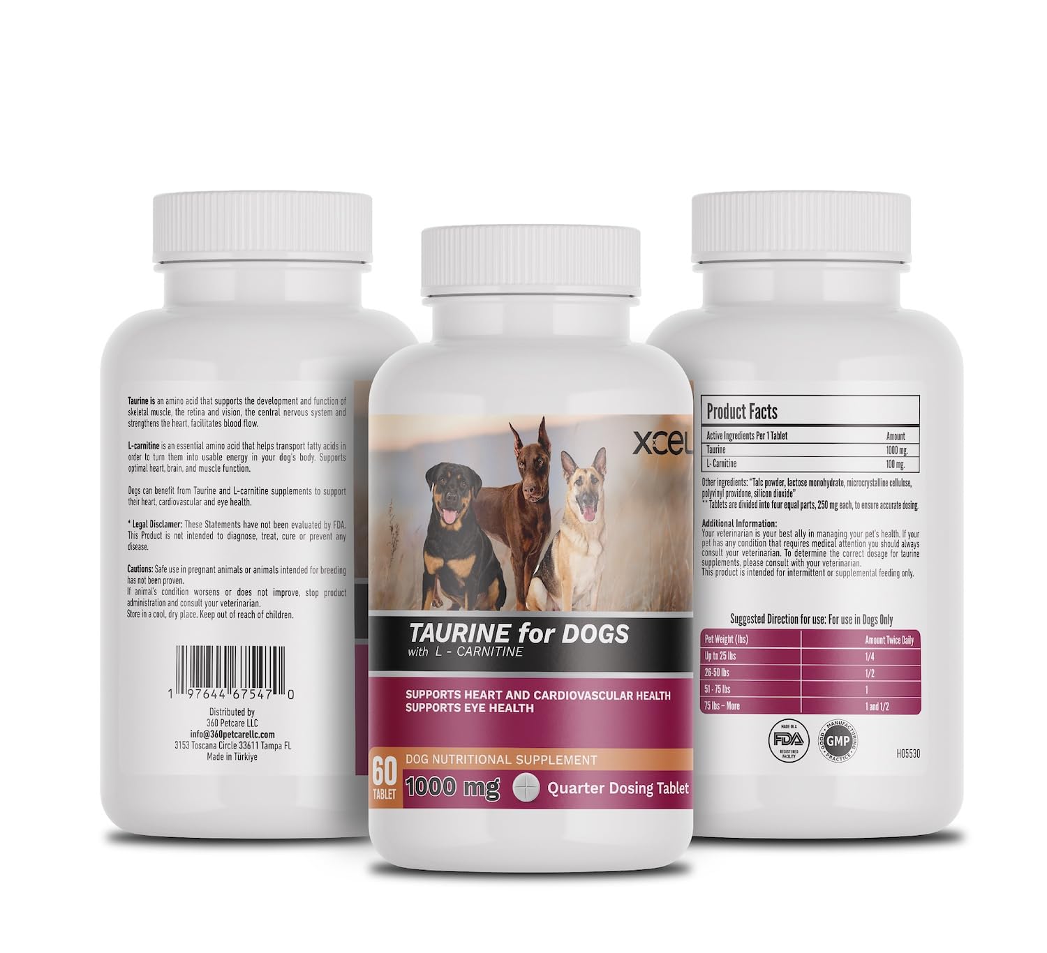 1000 mg Quarter Dosing Taurine Supplement with L Carnitine for Dogs, Supports Heart, Cardiovascular Health, Supports Eye Health