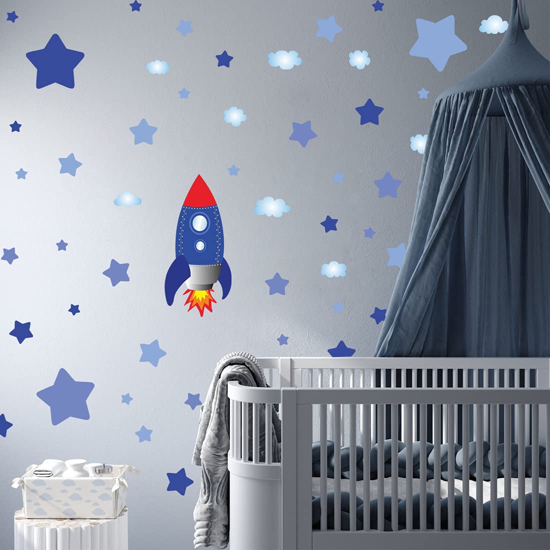 Large Rocket and Star Wall Decals, Outer Space Wall Stickers, Peel and Stick Removable Star Sticker, Art Decor for Kids Boys Bedroom Nursery Living Room,Playroom Classroom Decoration