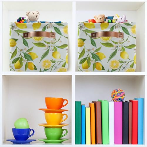 MNSRUU Storage Basket Lemon Floral Collapsible Organizer Basket with PU Handles, Waterproof Nursery Laundry Basket Kids' Toy Storage Basket,2 Pack