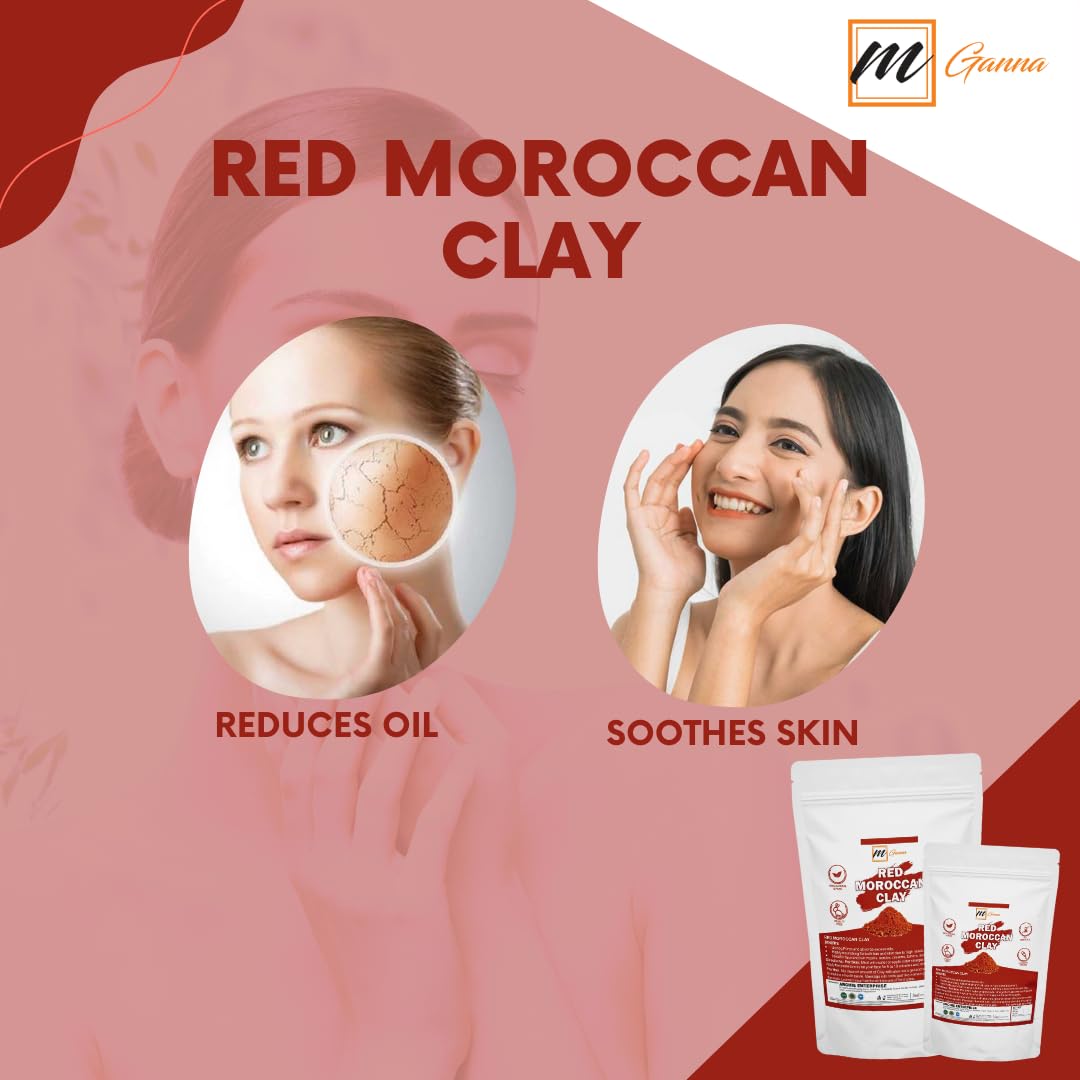 mGanna 100% Natural Moroccan Red Clay Powder for Hair Masks, Scrubs, Creams and Soap Making 0.5 LBS / 227 GMS