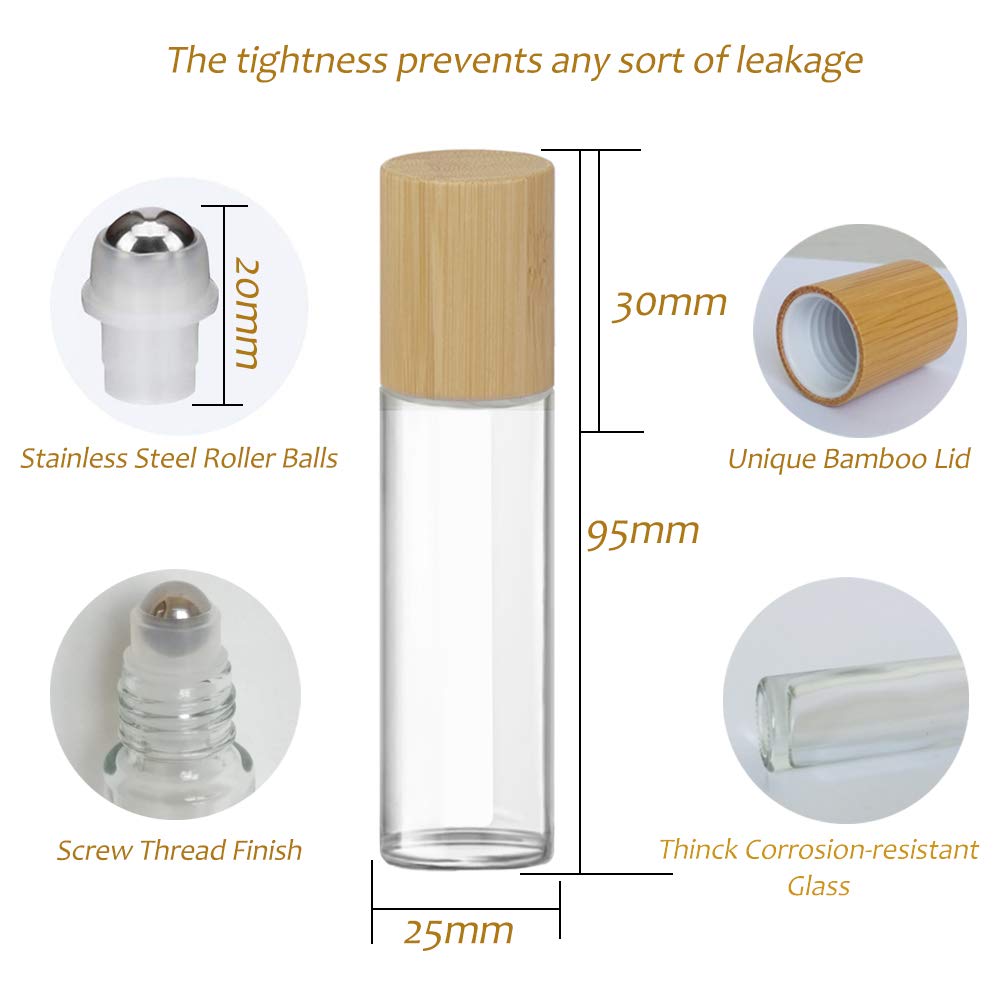 Glass Roll On Bottle with Bamboo Lid for Essential Oils, Creatiee Eco-friendly Refillable Clear Perfume Sample Bottles with Stainless Steel Roller Ball - Portable & Practical (12Pcs 15ml Clear)