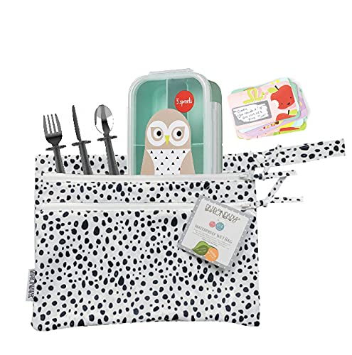 BapronBaby Organic Dot Wet Dry Bag - Waterproof Two Zipper Pockets - Reusable for Mealtime, Diapers, Stroller, Snacks, Swimsuits - Machine Washable - 11" x 9"